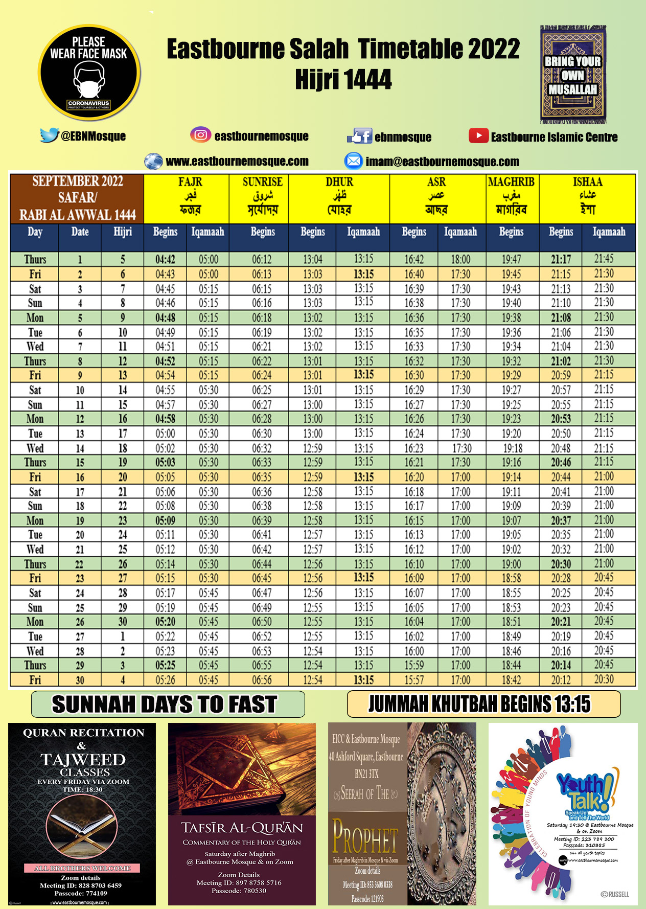 September 2022 Prayer Timetable Eastbourne Mosque